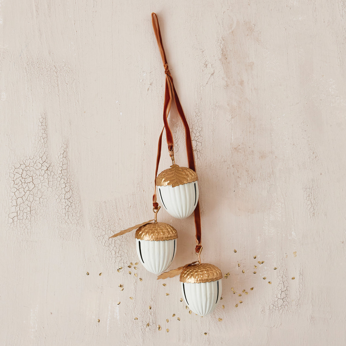 Hanging Metal Acorn Bells with Brown Velvet Ribbon | Jolley's Corner